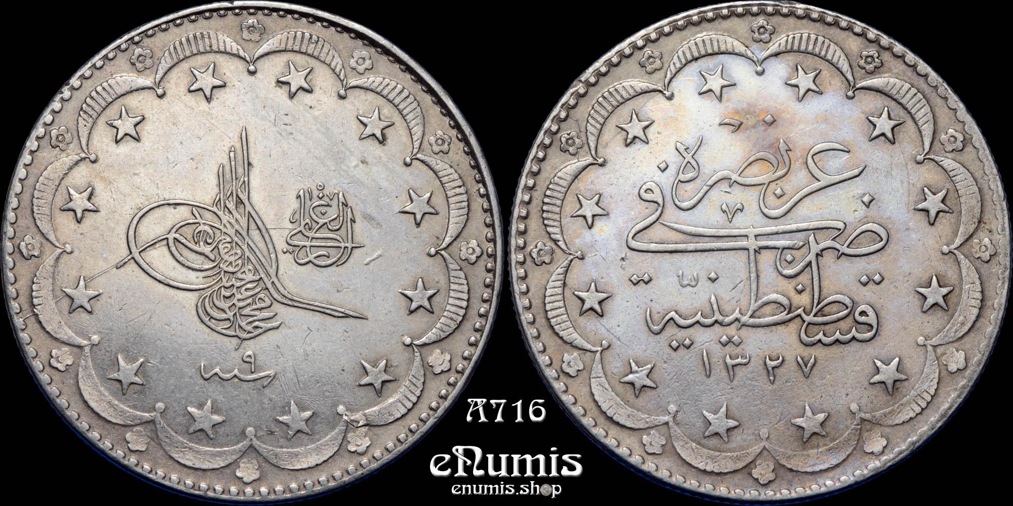TURKEY, Muhammad V, 20 Kurush 1917, AH1327//9, XF+