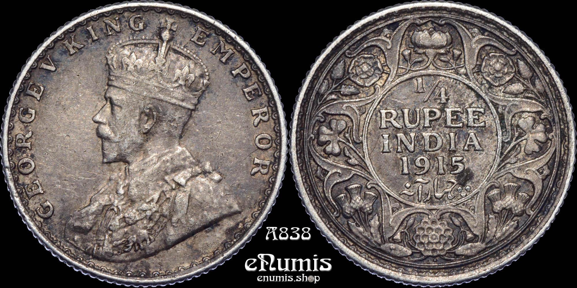 INDIA, George V, 1/4 Rupee 1915, Bombay, rare, toned, aUNC