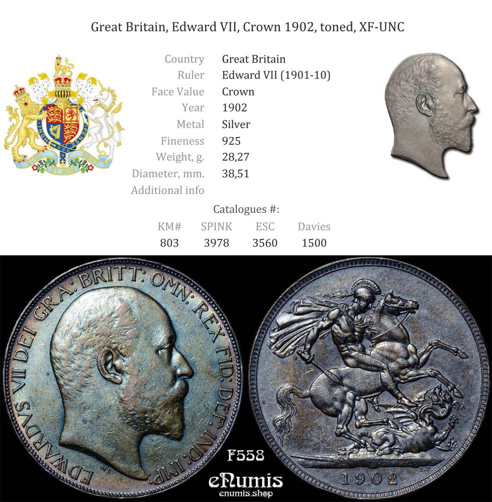 Great Britain, Edward VII, Crown 1902, toned, XF-UNC • • 👍